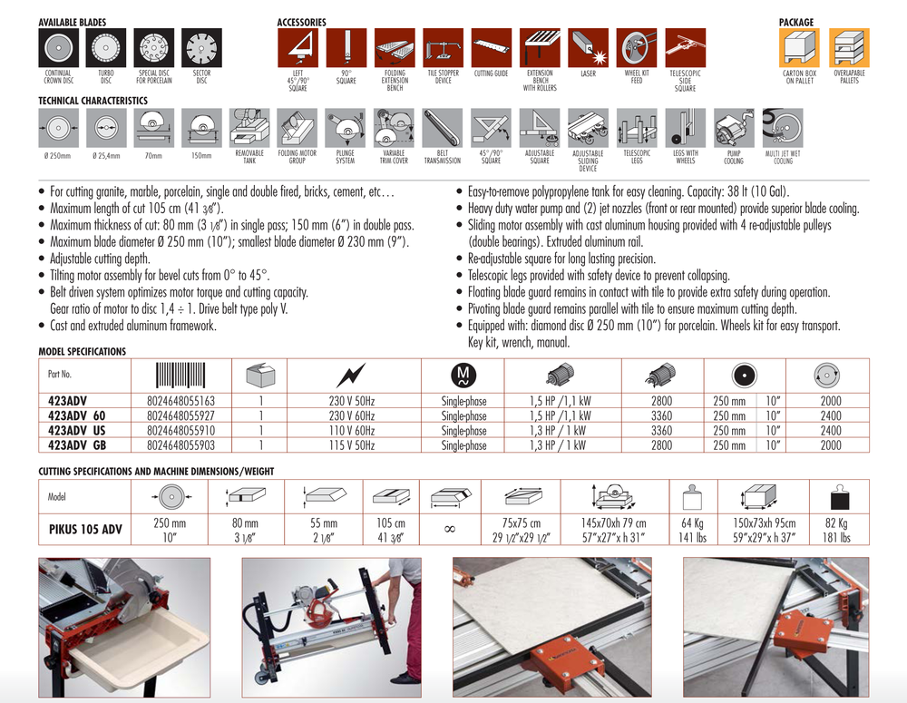 Raimondi Pikus 105A Electric Wet Saw 1050mm - Tile Stone Paver