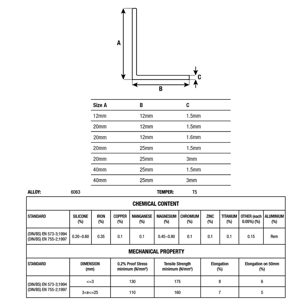 L Angle UNPERFORATED 50mm x 50mm - 3mm Thick - 3m - Tile Stone Paver
